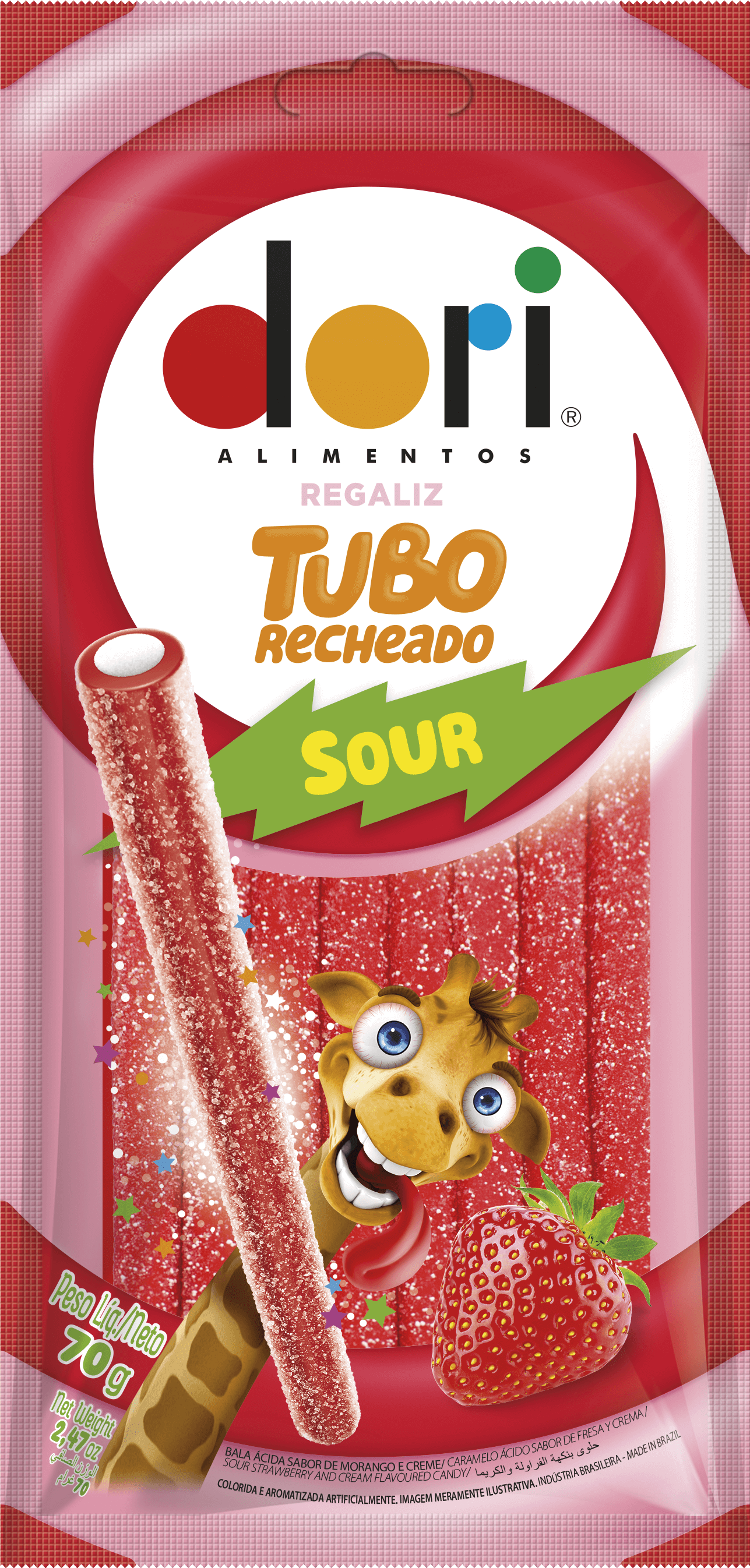 Dori Tubo Recheado Morango Ácido 70g | Dori Alimentos S.A.